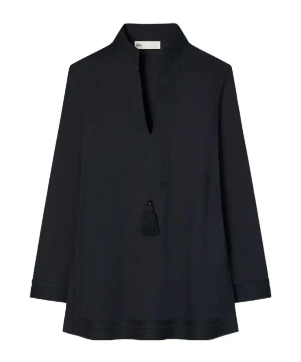 Tory Burch V-neck Tunic With Fringe And Herringbone Trim - Black