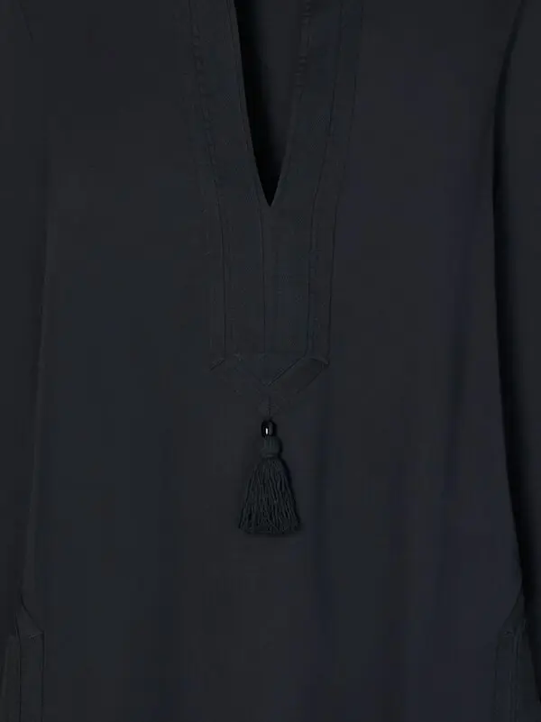 Tory Burch V-neck Tunic With Fringe And Herringbone Trim - Black