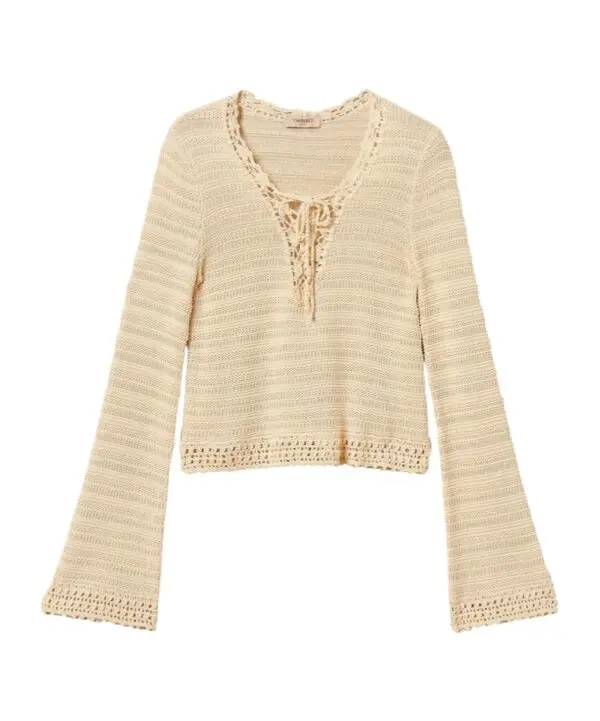 TWINSET V-neck Knitted Blouse With Crochet Lace Trim - Nude