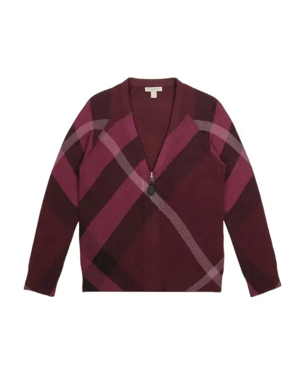 Burberry V-neck Plaid Trim Cardigan - Red
