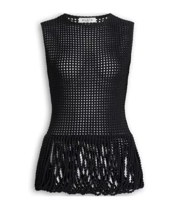 Alaïa Bead Knit Peplum Tank Top With 3d Fringe