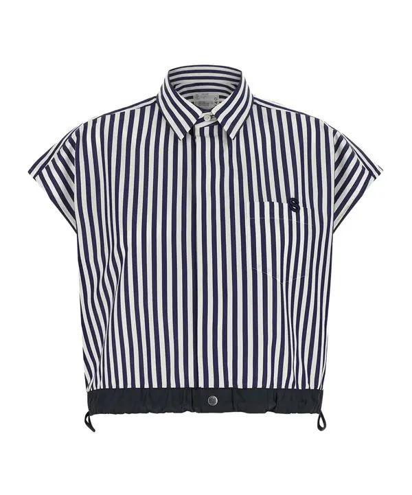 Sacai Striped Cropped Shirt With Embroidered Logo - Blue