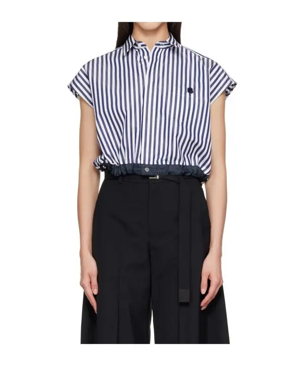 Sacai Striped Cropped Shirt With Embroidered Logo - Blue