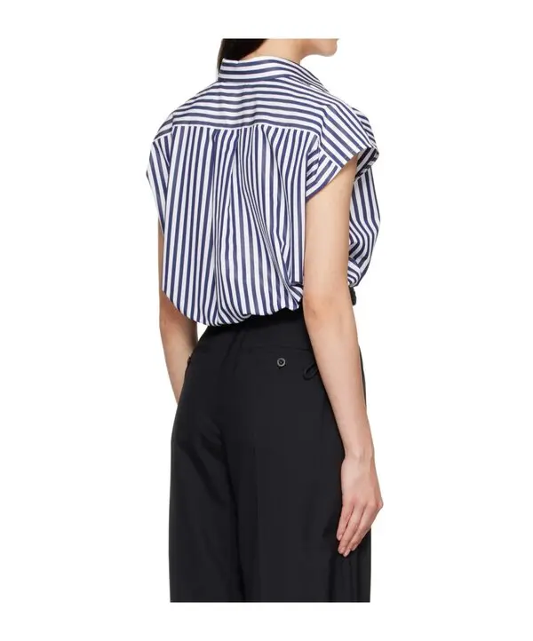 Sacai Striped Cropped Shirt With Embroidered Logo - Blue