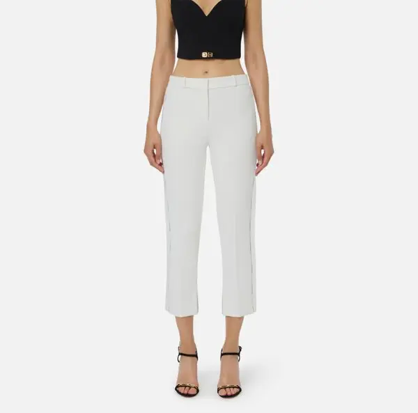 Elisabetta Franchi Slim Fit Crepe Trousers With Tuxedo Detail - Ivory