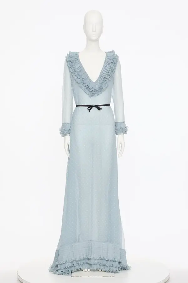 Valentino Garavani V-neck Long Sleeve Polka Dot Gown