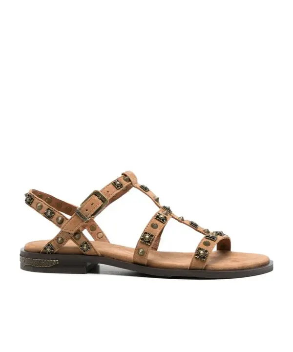 Ash Round-toe Studded Flat Sandals - Brown