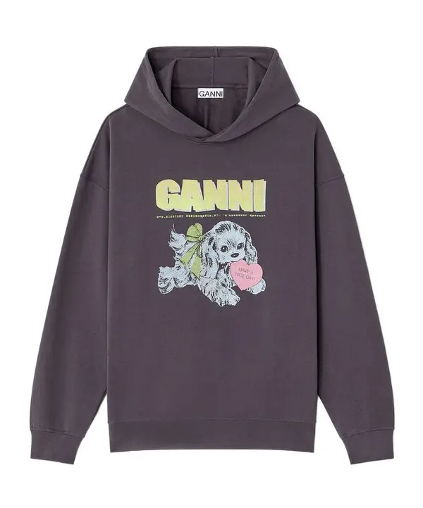 GANNI Oversized Puppy Print Hoodie - Dark Grey