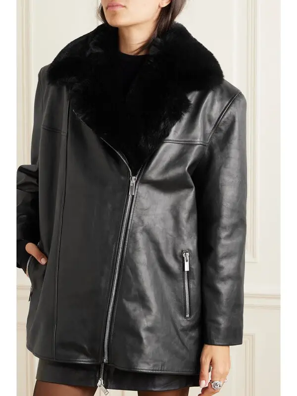 Magda Butrym Leather Coat With Fur Trim