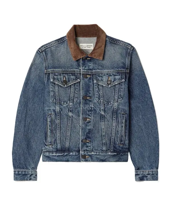 NILI LOTAN Slim Fit Distressed Denim Jacket With Corduroy Trim
