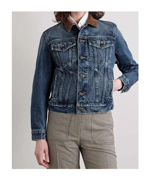 NILI LOTAN Slim Fit Distressed Denim Jacket With Corduroy Trim