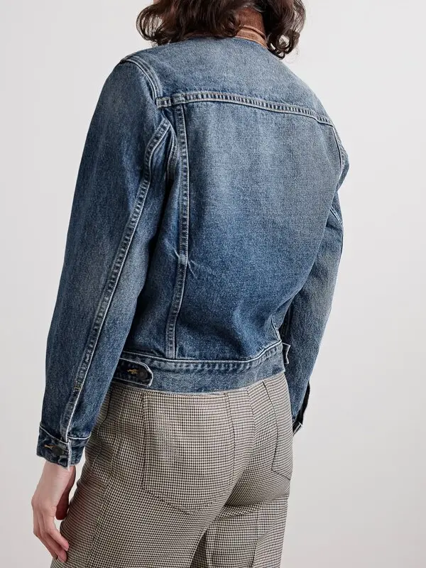 NILI LOTAN Slim Fit Distressed Denim Jacket With Corduroy Trim