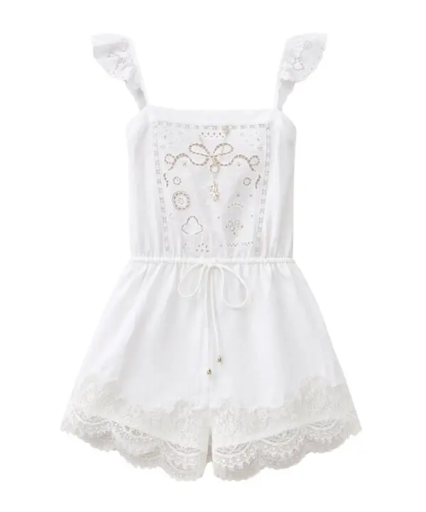 SELF-PORTRAIT Lace-trimmed Playsuit - White