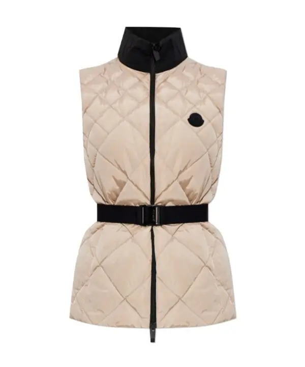 Moncler Quilted Zip-up Vest With High Collar And Belt - Off-white