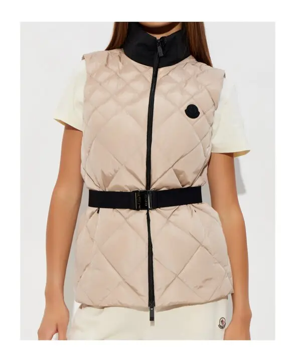 Moncler Quilted Zip-up Vest With High Collar And Belt - Off-white