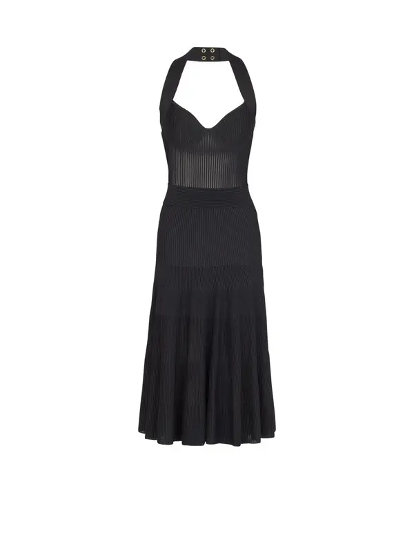 Balmain Halterneck Pleated Knit Midi Dress - Black