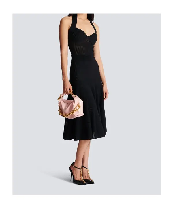 Balmain Halterneck Pleated Knit Midi Dress - Black