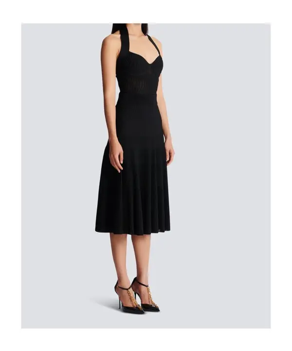 Balmain Halterneck Pleated Knit Midi Dress - Black