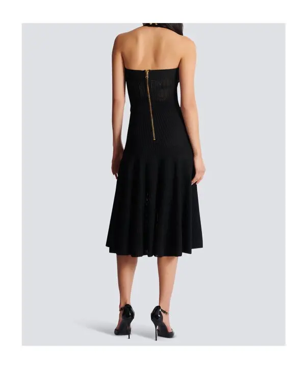 Balmain Halterneck Pleated Knit Midi Dress - Black