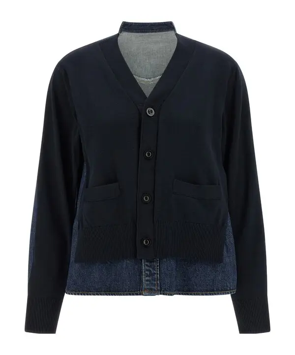 Sacai Denim-panelled V-neck Cardigan