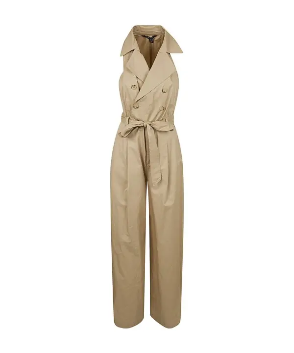 Ralph Lauren Sleeveless Lapel Neck Belted Wide-leg Jumpsuit - Beige