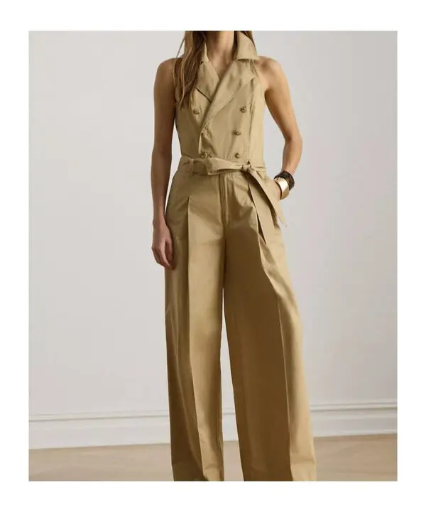 Ralph Lauren Sleeveless Lapel Neck Belted Wide-leg Jumpsuit - Beige
