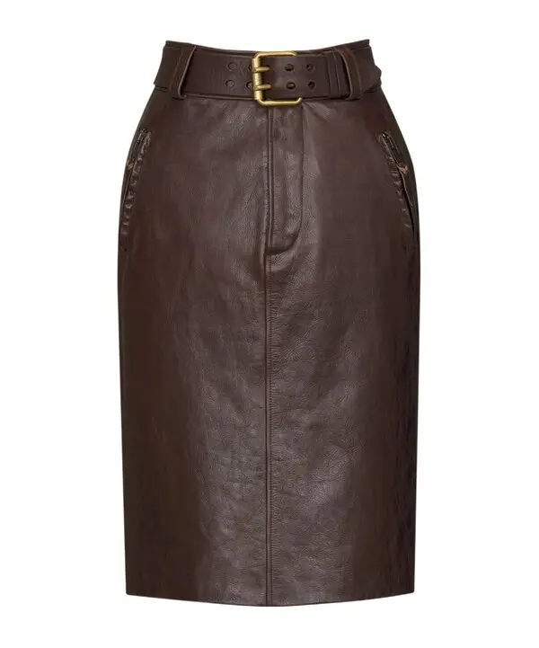 Saint Laurent Belted High-waist Pencil Skirt - Dark Chestnut