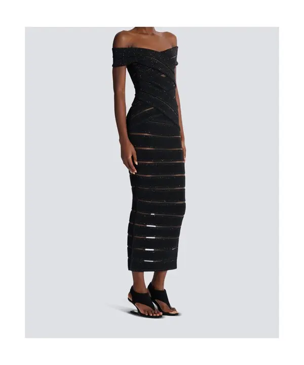 Balmain Off-the-shoulder Sequin Mesh Knit Dress - Black