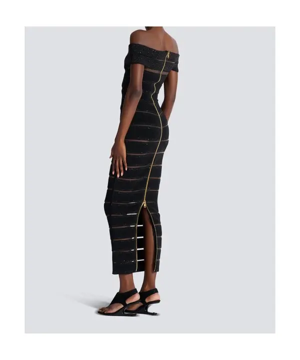 Balmain Off-the-shoulder Sequin Mesh Knit Dress - Black