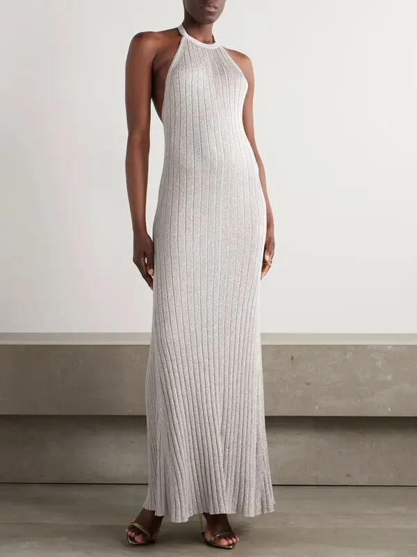 TOM FORD Metallic Halterneck Ribbed Knit Maxi Dress
