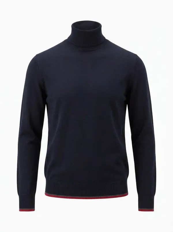 Gucci Fine Knit Wool Turtleneck With Web Trim - Dark Blue