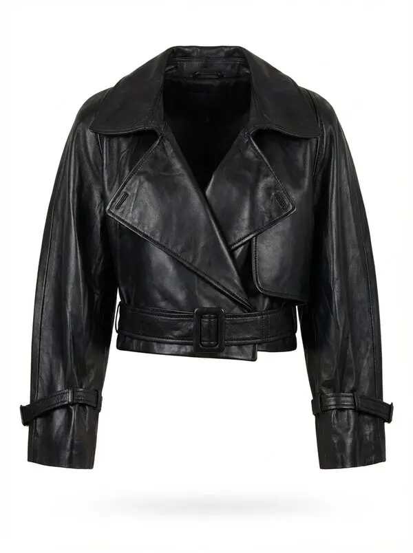 Nour Hammour Cropped Belted Leather Jacket - Black