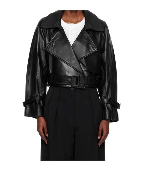 Nour Hammour Cropped Belted Leather Jacket - Black