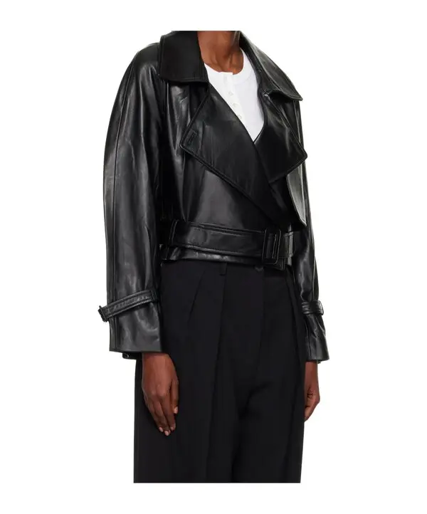 Nour Hammour Cropped Belted Leather Jacket - Black