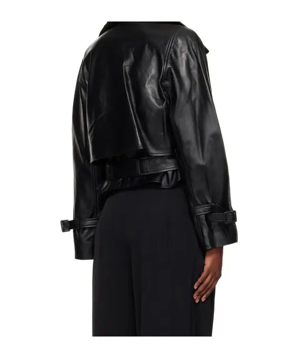 Nour Hammour Cropped Belted Leather Jacket - Black