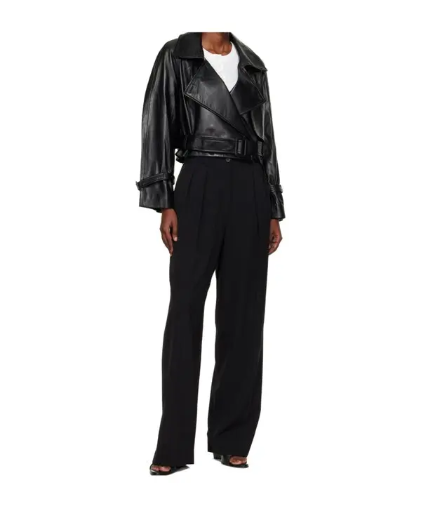 Nour Hammour Cropped Belted Leather Jacket - Black