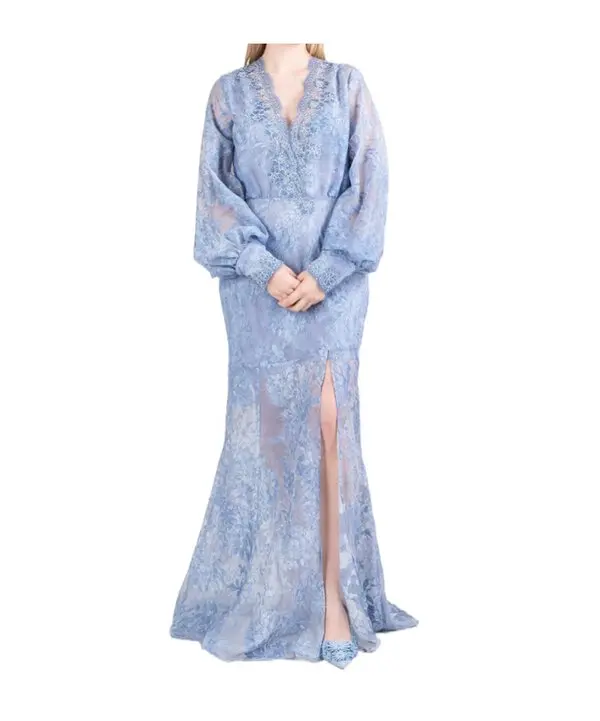 ERMANNO FIRENZE Sheer Long Sleeve V-neck Gown With Front Slit And Puff Sleeves