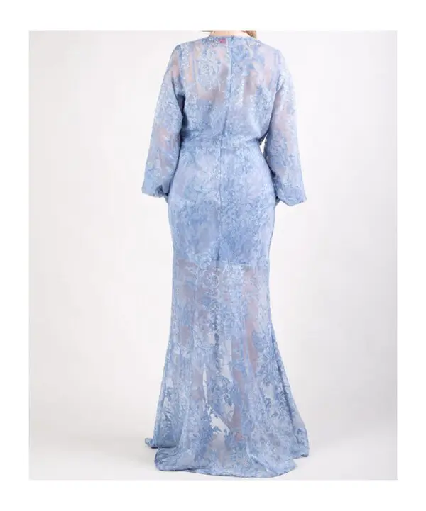 ERMANNO FIRENZE Sheer Long Sleeve V-neck Gown With Front Slit And Puff Sleeves