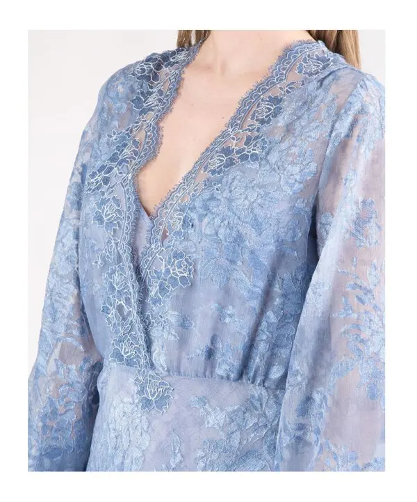 ERMANNO FIRENZE Sheer Long Sleeve V-neck Gown With Front Slit And Puff Sleeves