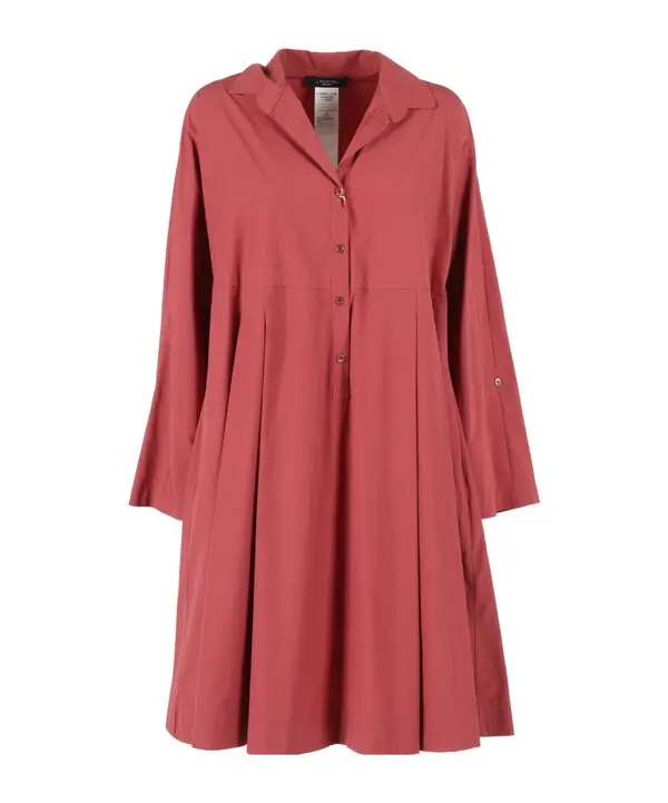 Max Mara Collared Buttoned Long Sleeve Pleated Dress - Red