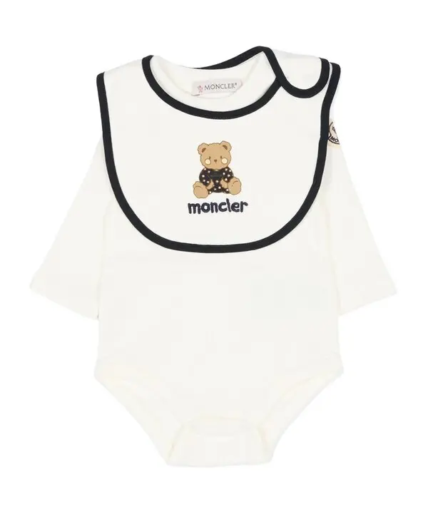 Moncler Teddy Bear Logo Onesie And Bib Set - White