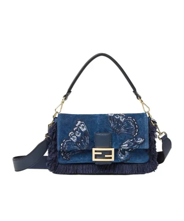Fendi Butterfly Embellished Denim Baguette Bag