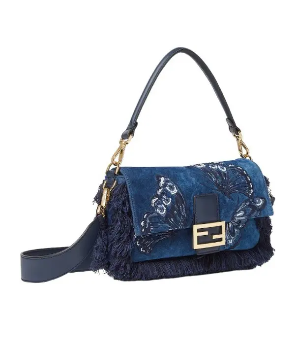 Fendi Butterfly Embellished Denim Baguette Bag