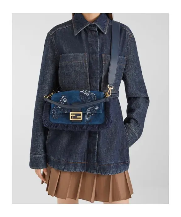 Fendi Butterfly Embellished Denim Baguette Bag