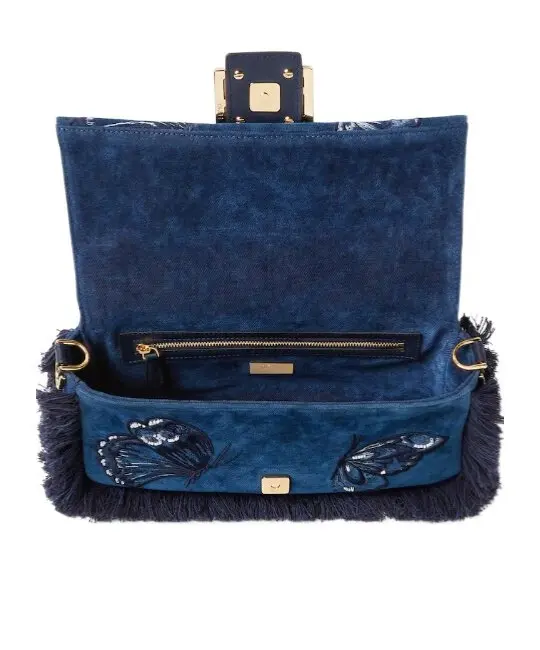 Fendi Butterfly Embellished Denim Baguette Bag
