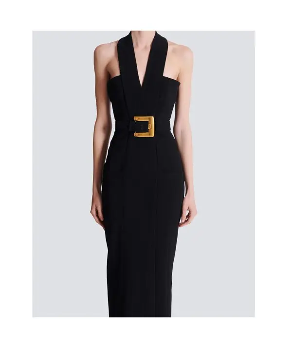 Balmain Belted Long Crepe Dress