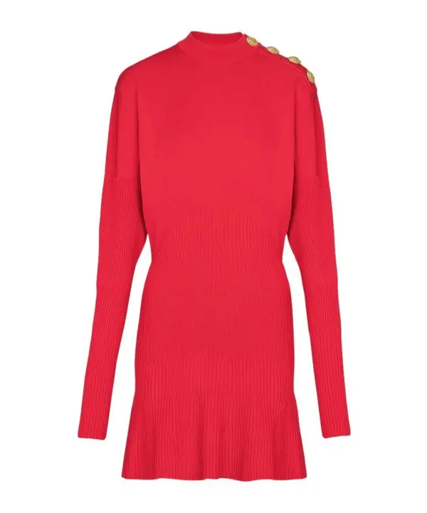 Balmain High Neck Long Sleeve Knit Dress - Red