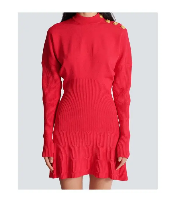 Balmain High Neck Long Sleeve Knit Dress - Red