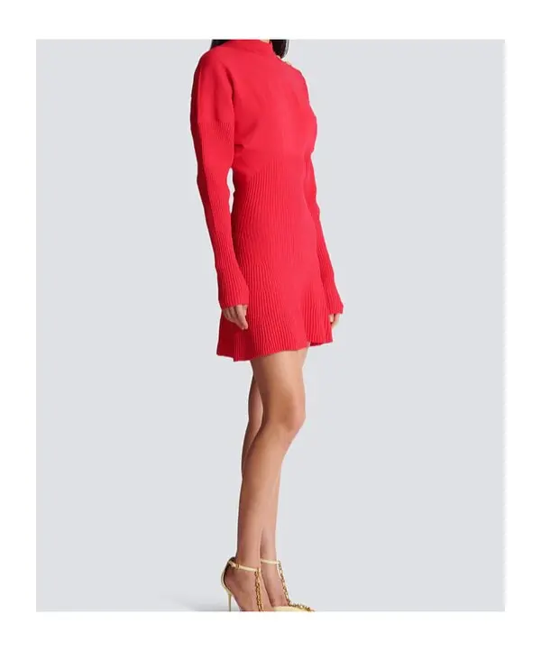 Balmain High Neck Long Sleeve Knit Dress - Red