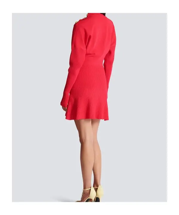 Balmain High Neck Long Sleeve Knit Dress - Red